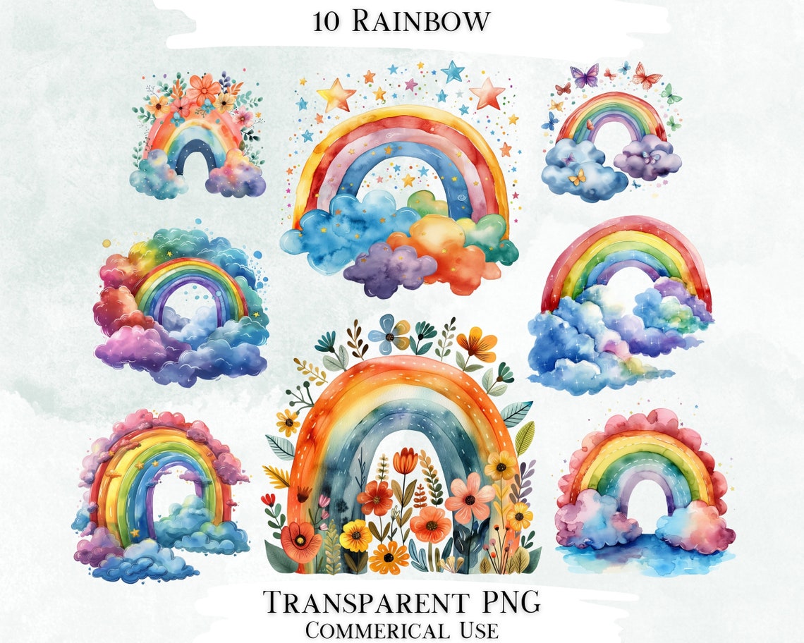 Rainbow Watercolor Clip Art Bundle, 10 Transparent PNG Designs ...