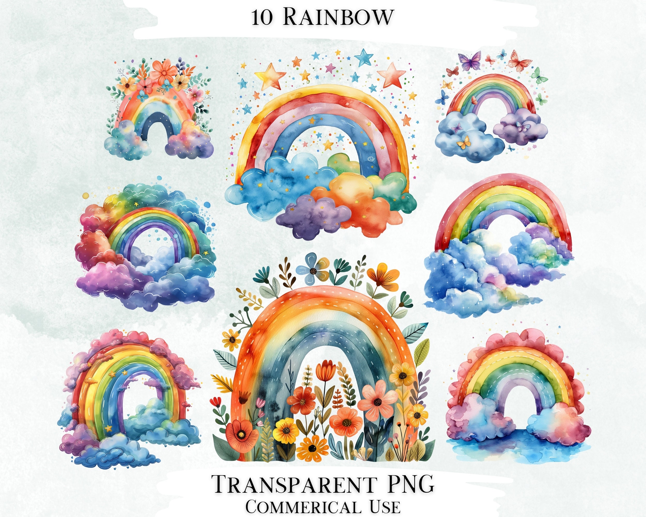Rainbow Watercolor Clip Art Bundle, 10 Transparent PNG Designs ...