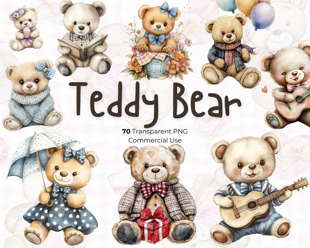 70 Watercolor Teddy Bear Clip Art Bundle - Cute Nursery Clipart - Baby ...