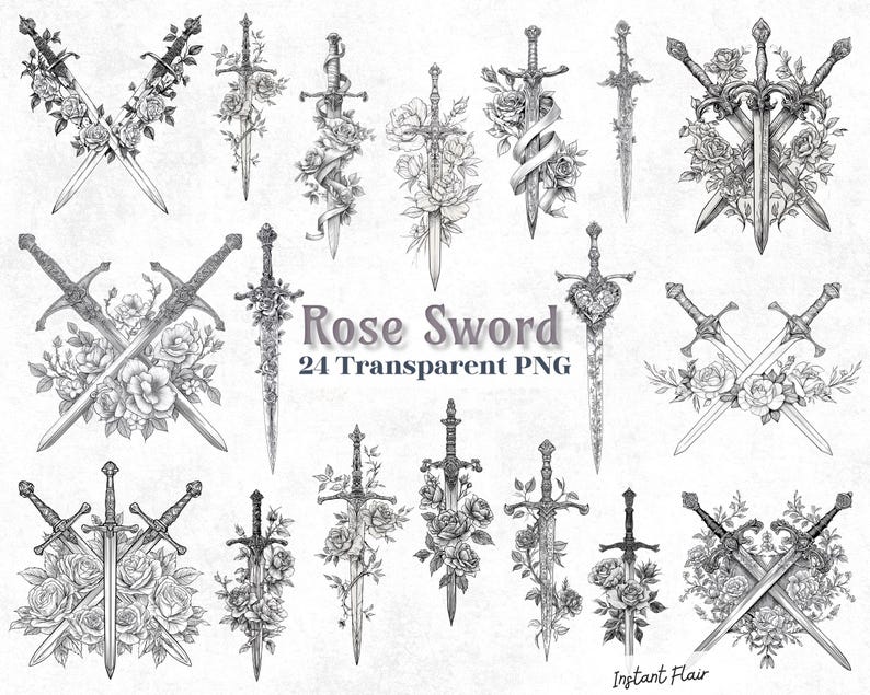 Sword and Rose Clipart | Gothic Tattoo Designs, Black Line Art (PNG) - Etsy