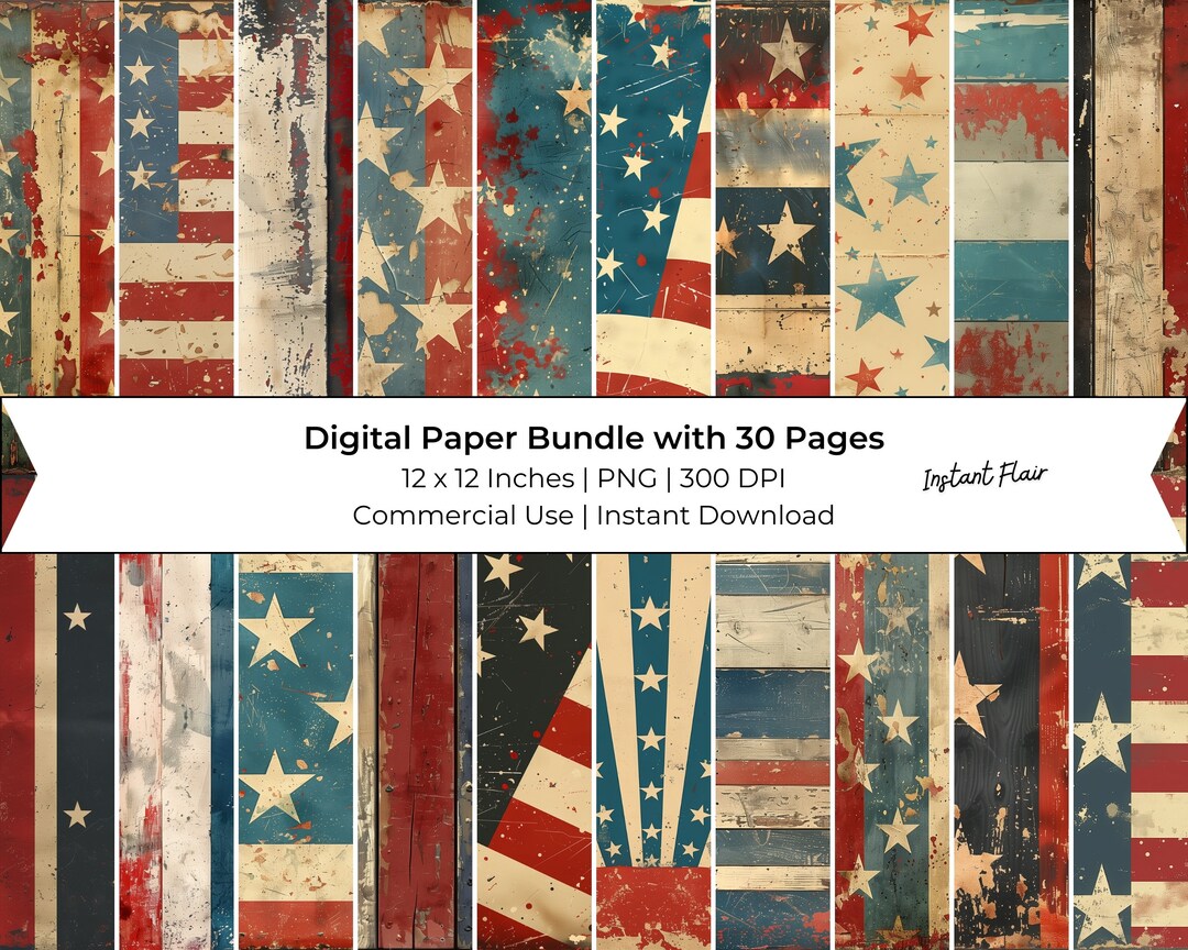 Faded Stars and Stripes Digital Paper: 30 Pages Seamless Collage Sheets ...