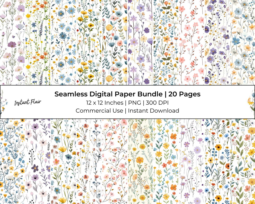 Wildflower Seamless Digital Paper Bundle – 20 Floral Pattern PNG, 12x12 ...