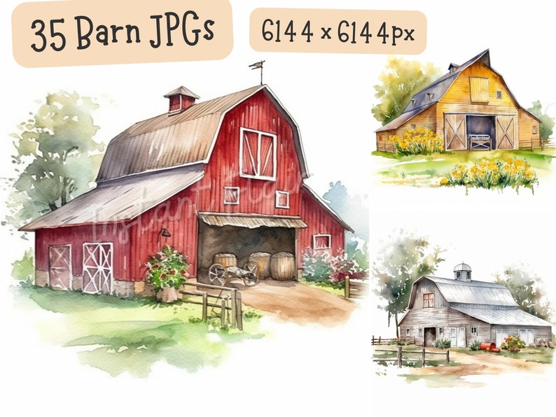Farmhouse Barn Clip Art Bundle 35 JPG Designs Watercolor Country Artsy ...