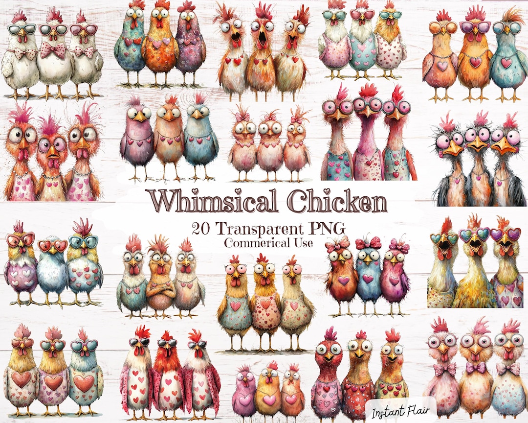 Whimsical Chicken Clipart, Funny Chicken Art, Digital PNG Design ...
