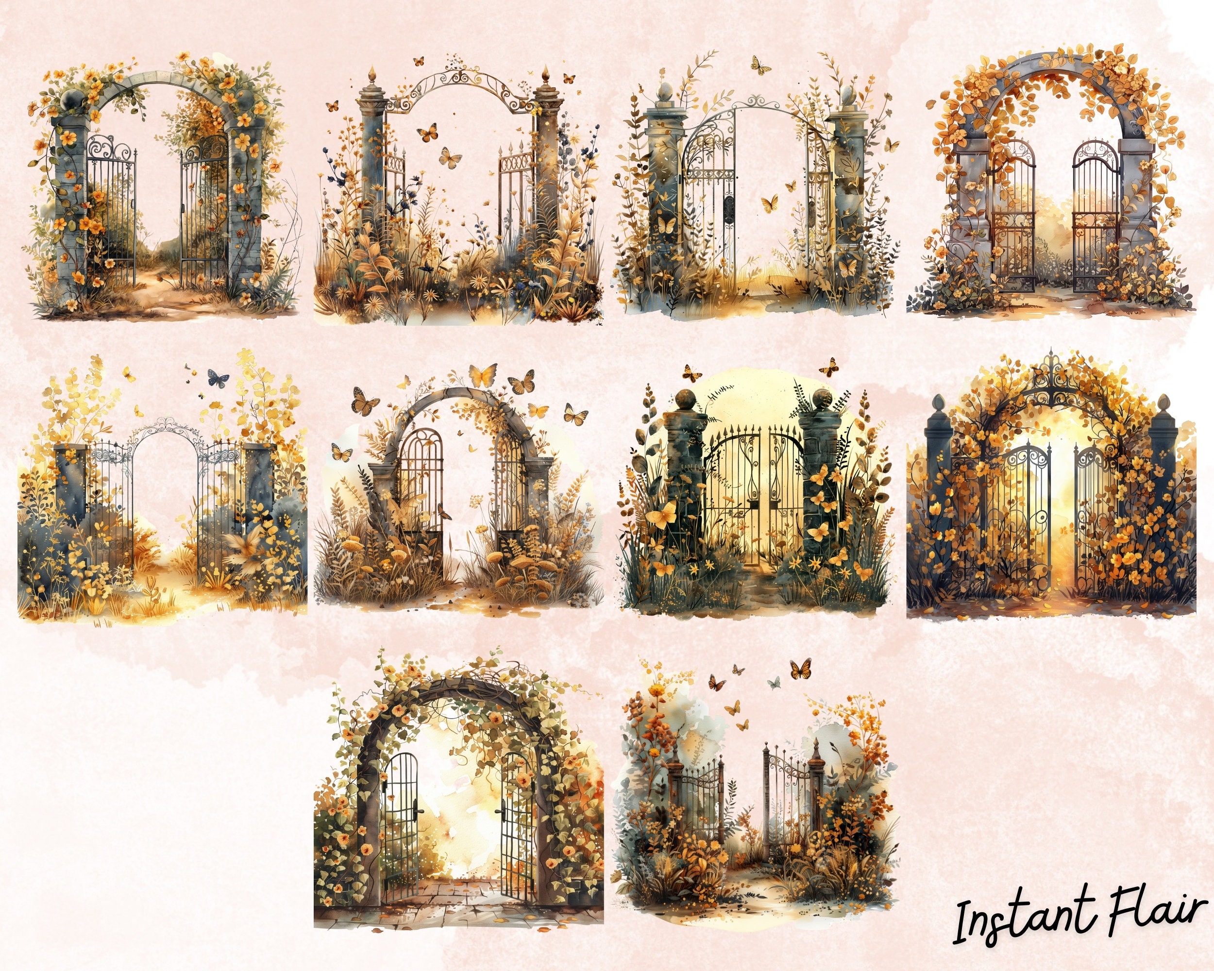 Enchanted Gate Clip Art Bundle, 10 Transparent PNG Designs, Decorative ...