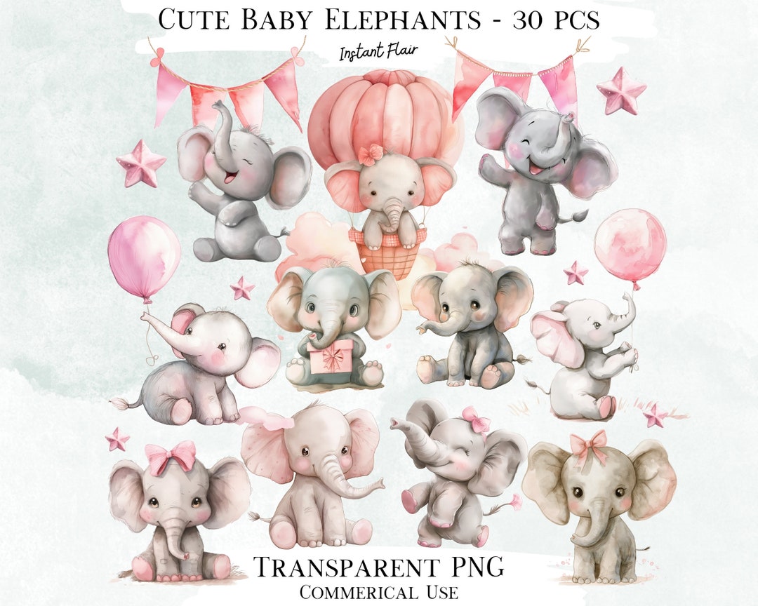 Cute Baby Elephant Clip Art Bundle, 30 Transparent PNG Graphics ...