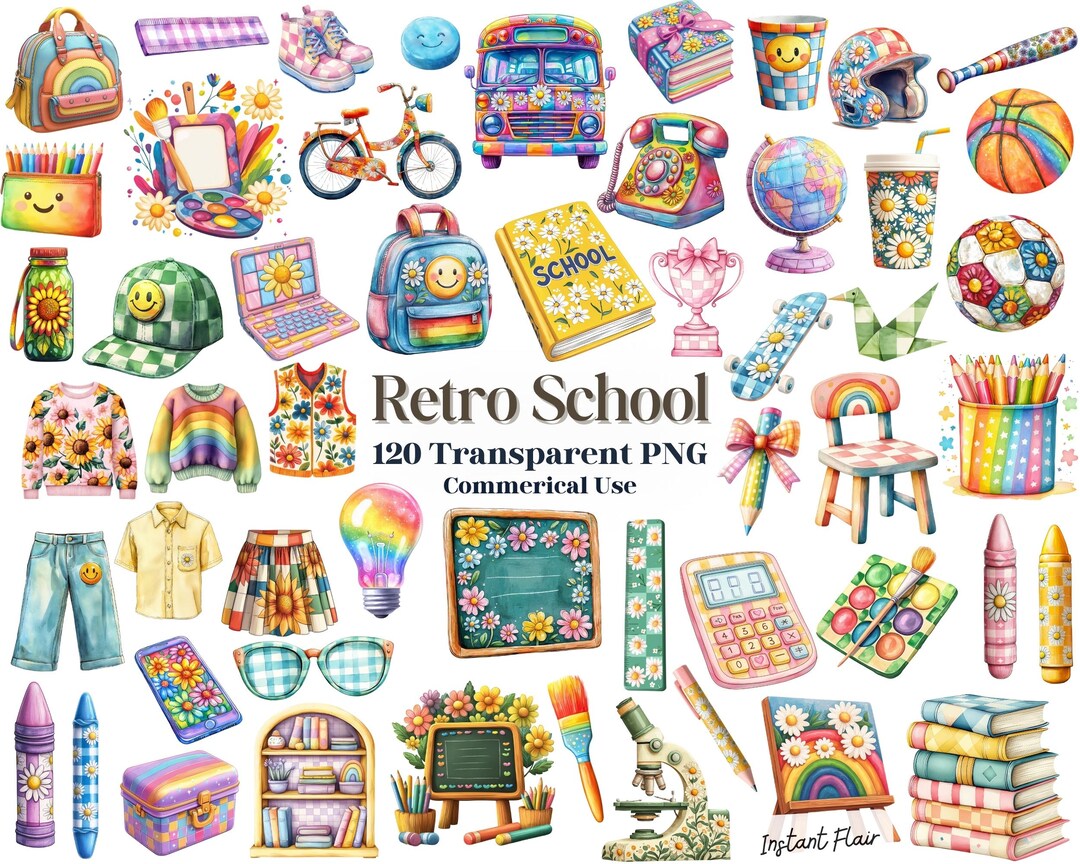 120 Retro School Clipart – Big Bundle – Transparent PNG – Commercial ...