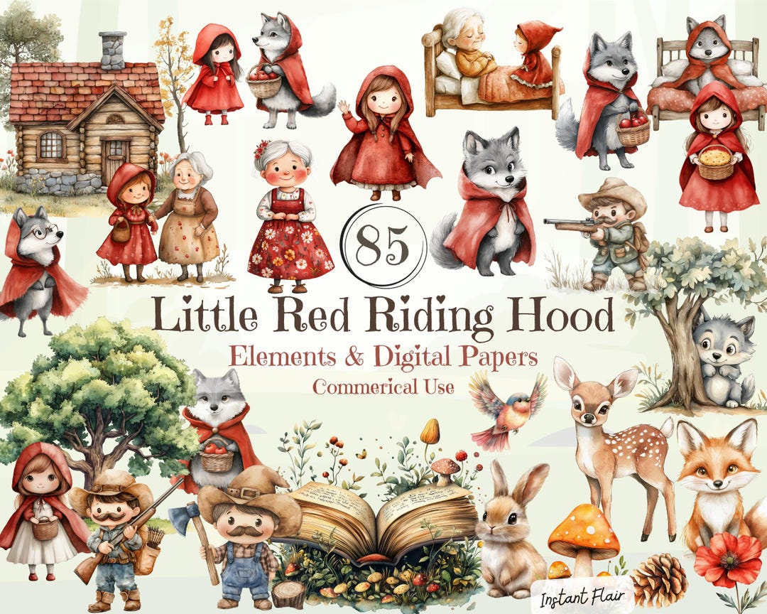 Little Red Riding Hood Clipart & Papers – Fairy Tale Graphics (digital ...