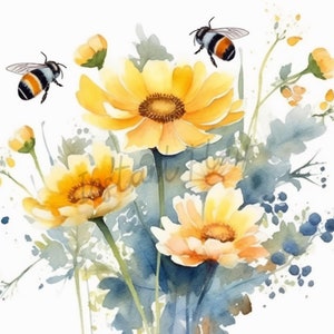 Bees With Flowers Clip Art Bundle 16 PNG Designs Watercolor Cute Artsy ...