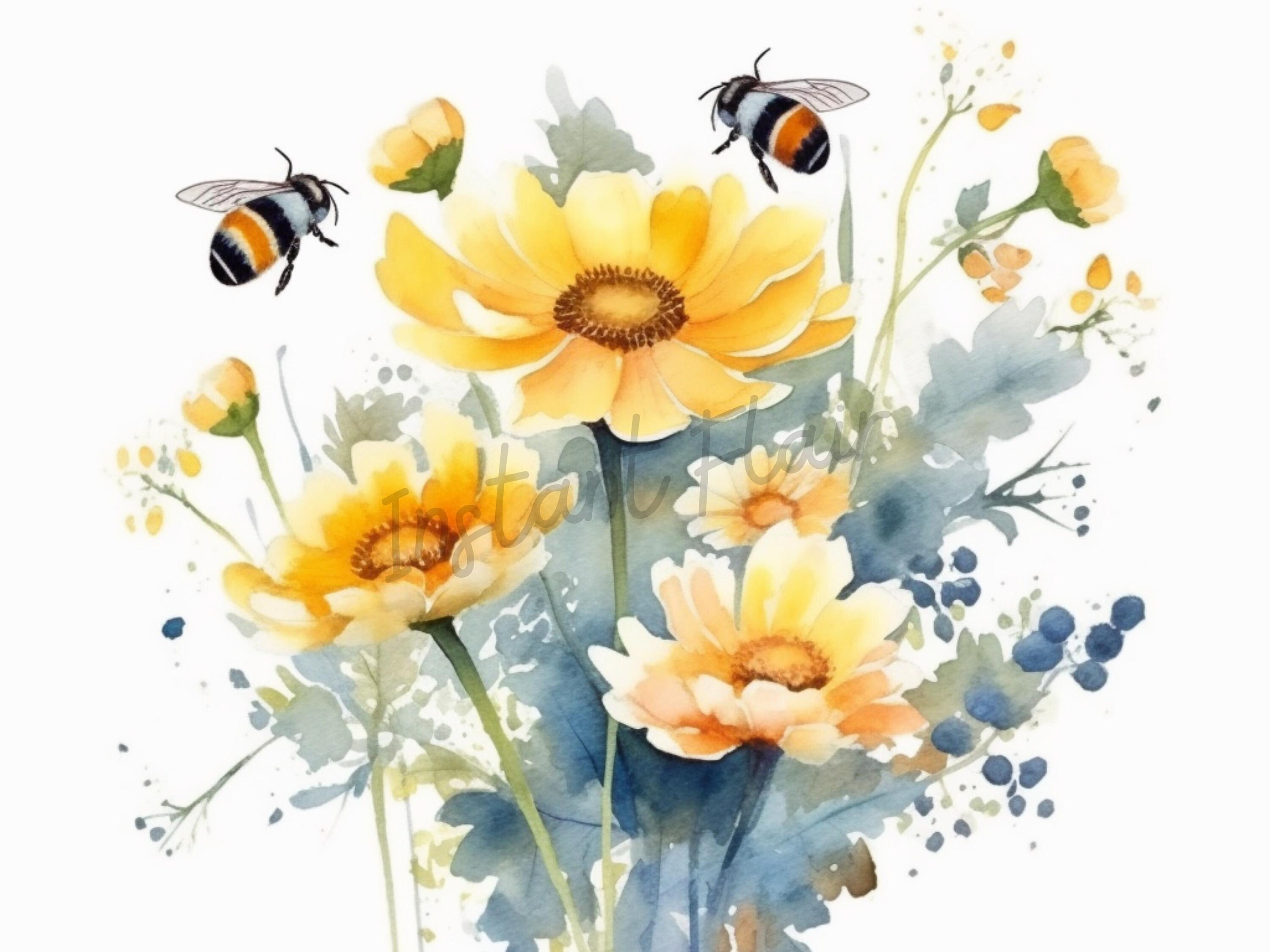 Bees With Flowers Clip Art Bundle 16 PNG Designs Watercolor Cute Artsy ...
