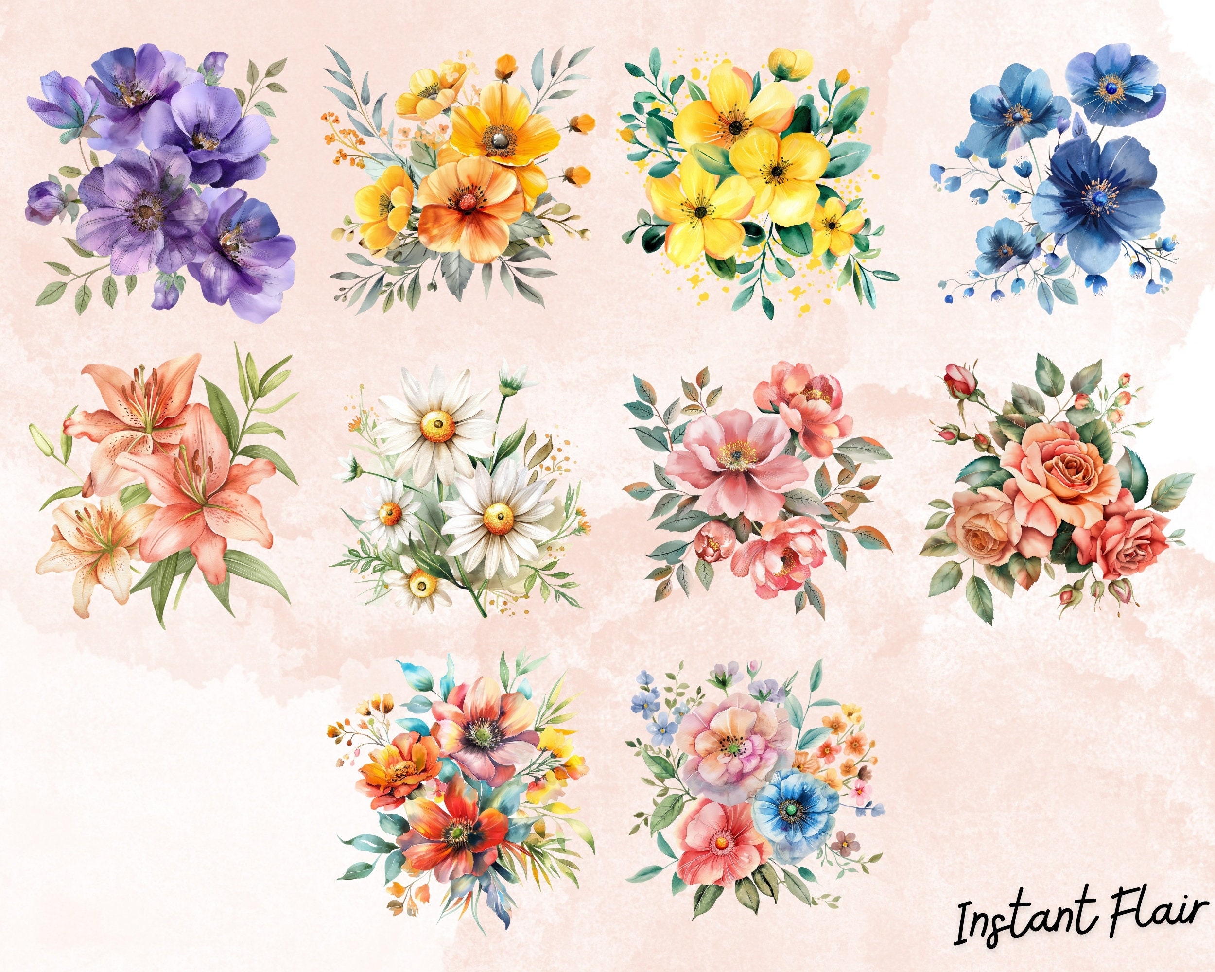 Flower Clip Art Bundle, 10 Transparent PNG Designs, Decorative Images ...