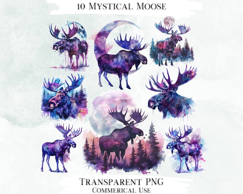 Mystical Moose Watercolor Clip Art Bundle, 10 Transparent PNG Designs ...