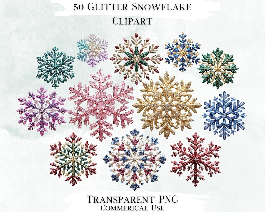 Glitter Snowflake Clip Art Bundle, 50 Transparent PNG Graphics ...