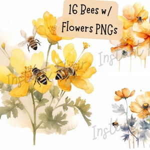 Bees With Flowers Clip Art Bundle 16 PNG Designs Watercolor Cute Artsy ...