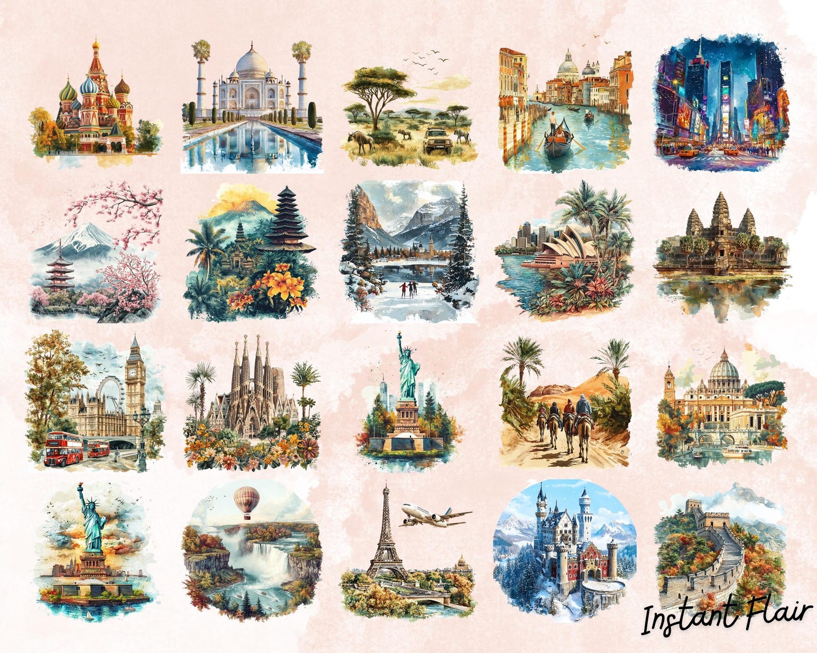 Travel Clipart Bundle, World Landmarks, PNG Graphics (digital Download ...