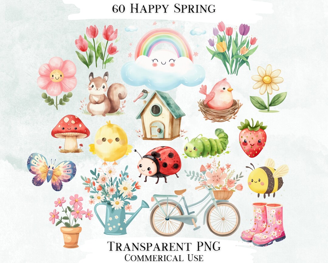 Happy Spring Clip Art Bundle, 60 Transparent PNG Designs, Decorative ...