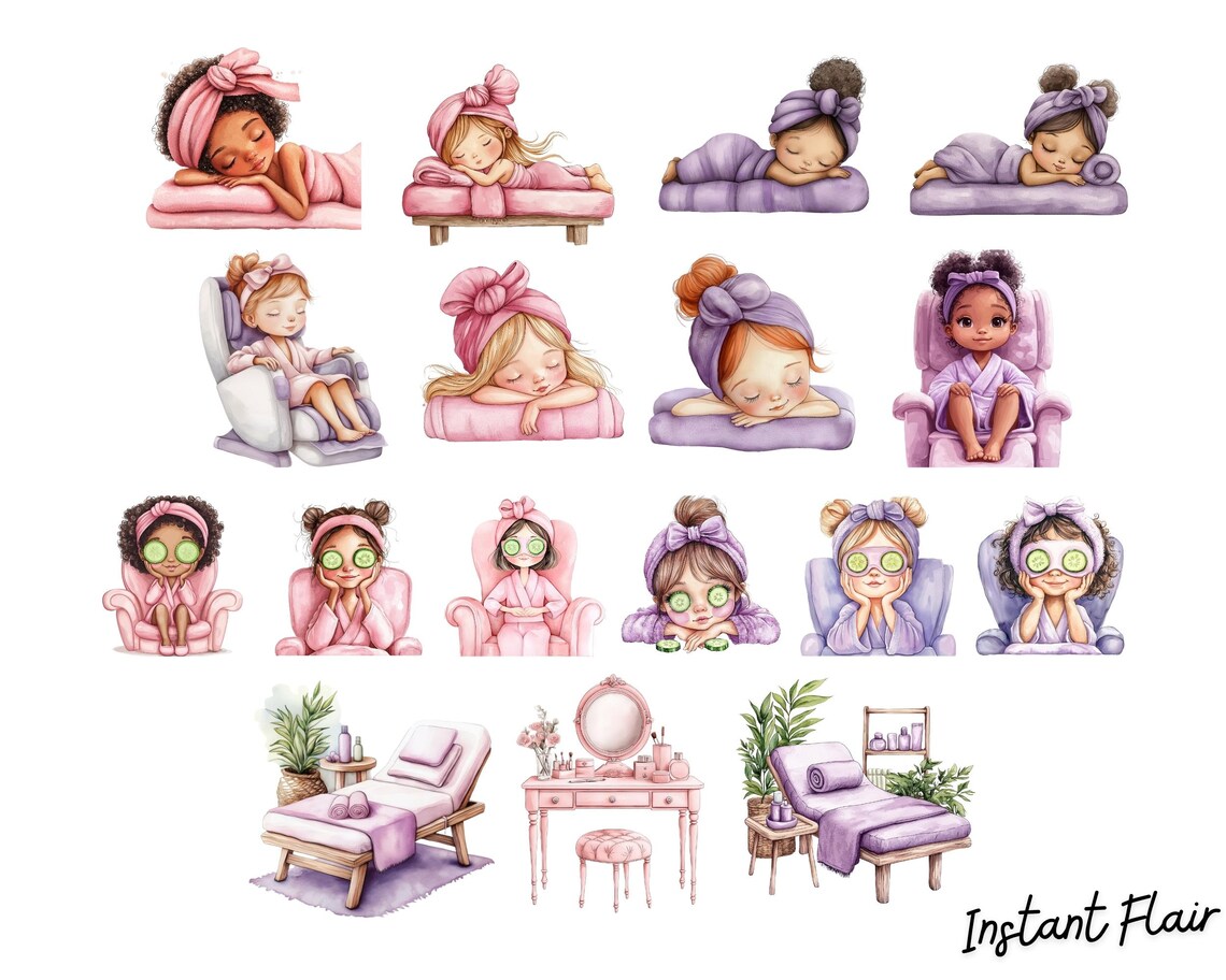 60 Spa Girls Clipart Bundle – Self Care & Relaxation PNG – Digital ...