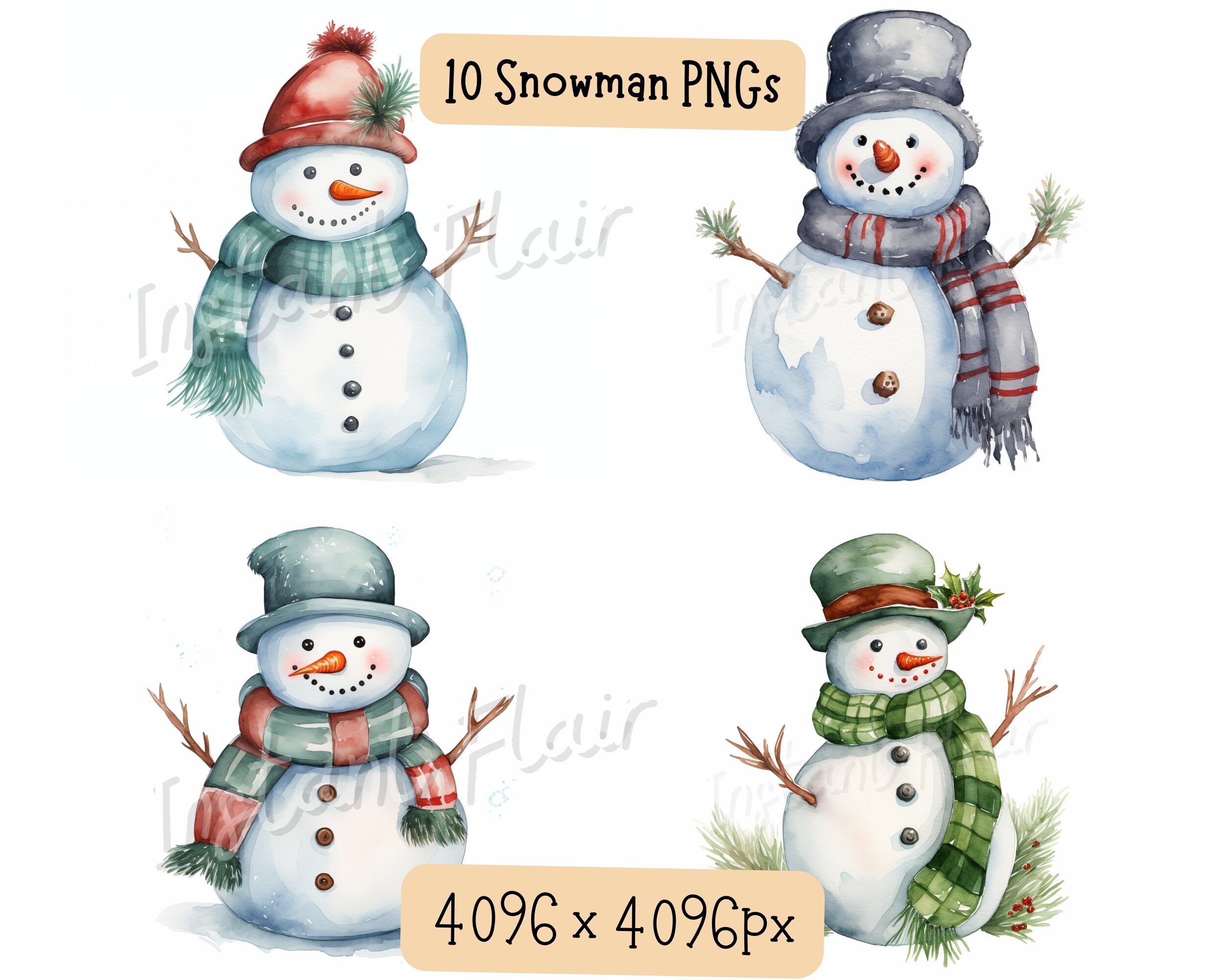 Snowman Watercolor Clip Art Bundle, PNG Designs, Decorative Images ...