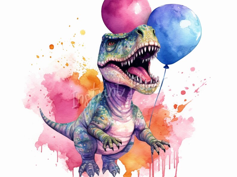 Watercolor T-rex Birthday Balloons Clipart, Commercial Use (23 JPG ...