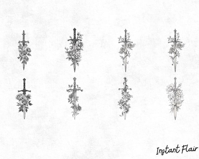 Sword and Rose Clipart | Gothic Tattoo Designs, Black Line Art (PNG) - Etsy