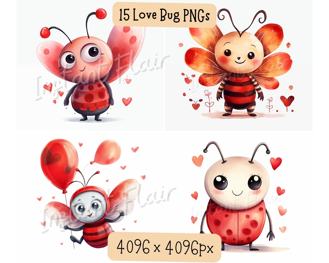 Love Bug Watercolor Clip Art Bundle, Valentine's Day, PNG Designs ...