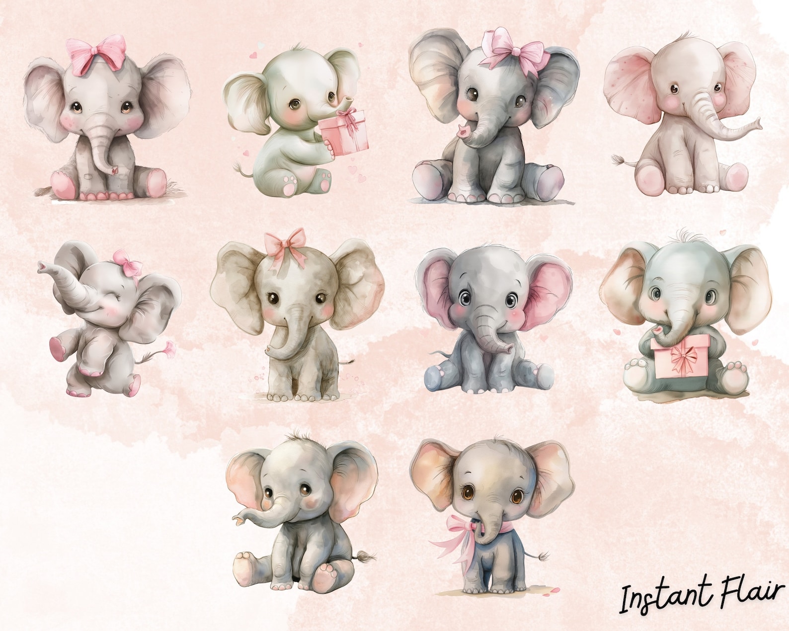 Watercolor Baby Elephant Clipart, PNG Graphics (digital) - Etsy