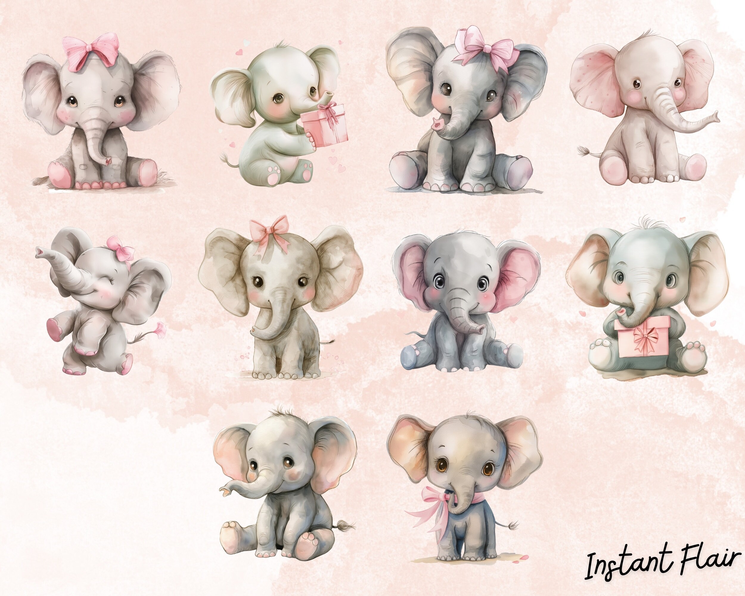 Watercolor Baby Elephant Clipart, PNG Graphics (digital) - Etsy