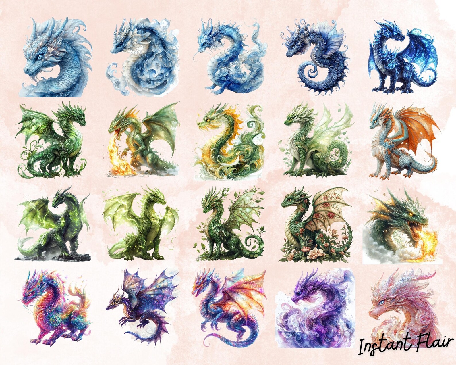 Watercolor Fantasy Dragon Clipart – Ethereal PNG Bundle (digital ...