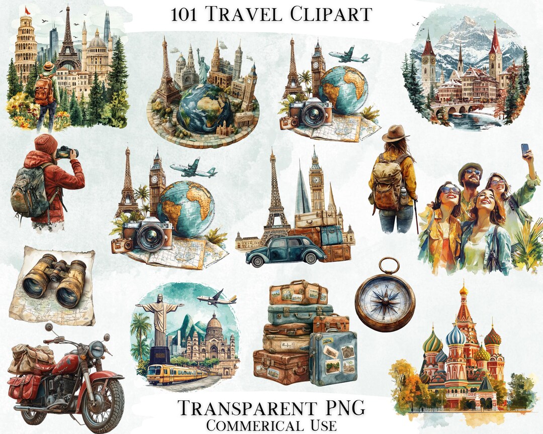 Travel Clip Art Bundle, 101 Transparent PNG Graphics, Decorative Images ...