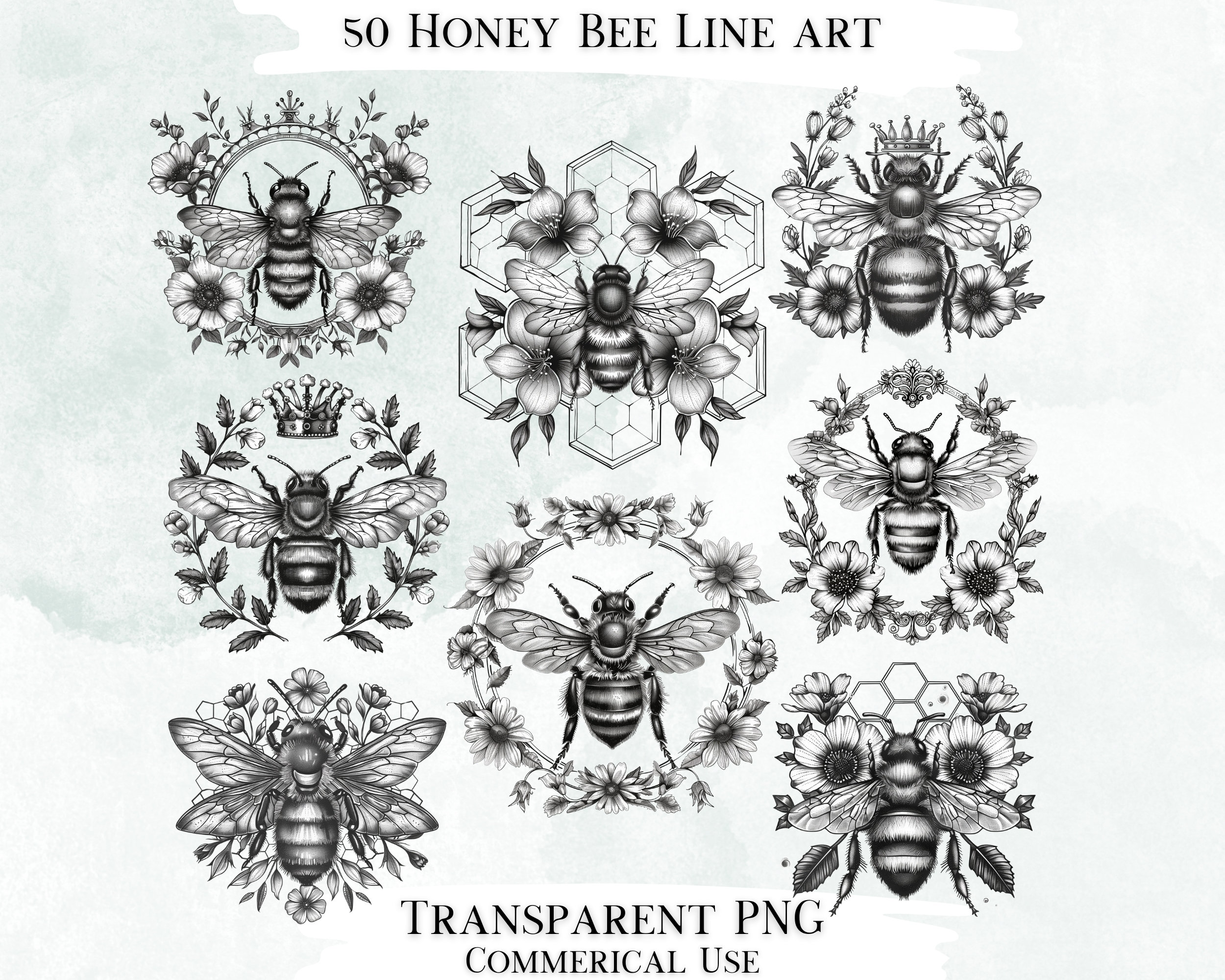 Honey Bee Line Art Clip Art Bundle, 50 Transparent PNG Grapics ...