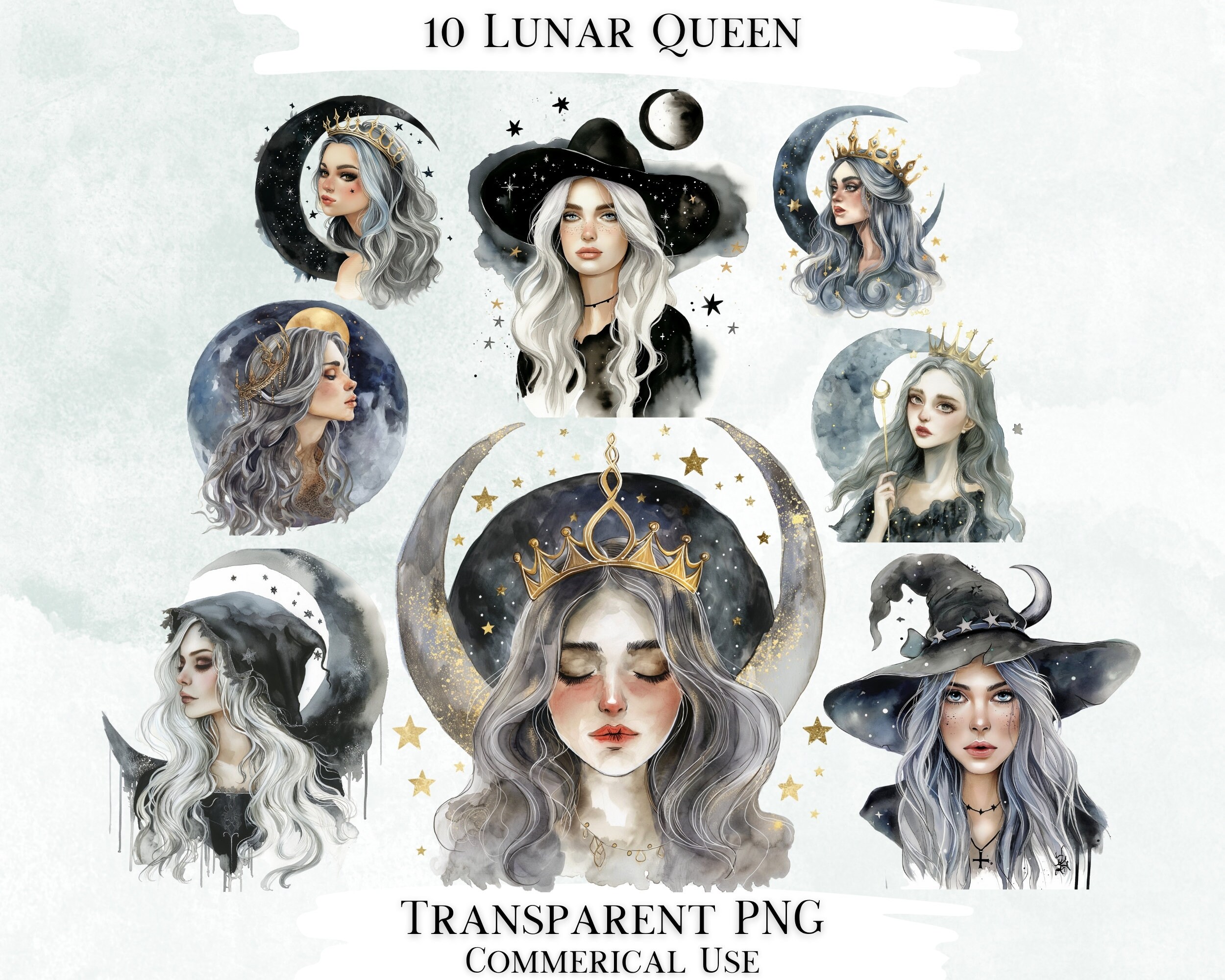 Lunar Queen Watercolor Clip Art Bundle, 10 Transparent PNG Designs ...