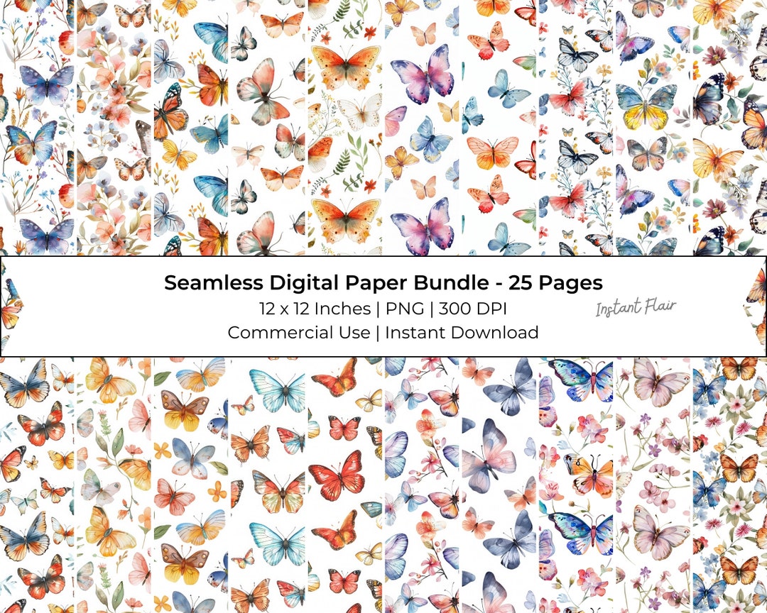 Watercolor Butterfly Seamless Digital Paper Bundle – 25 Floral Pngs ...