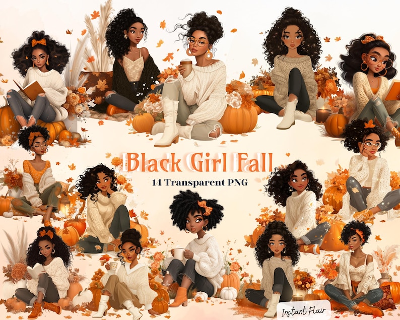 Autumn Afrocentric Clipart | Black Girl Fall PNG Graphics (digital ...