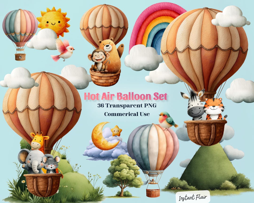 36 Hot Air Balloon Clipart – Cute Animals, Clouds & Trees - PNG Mix and ...