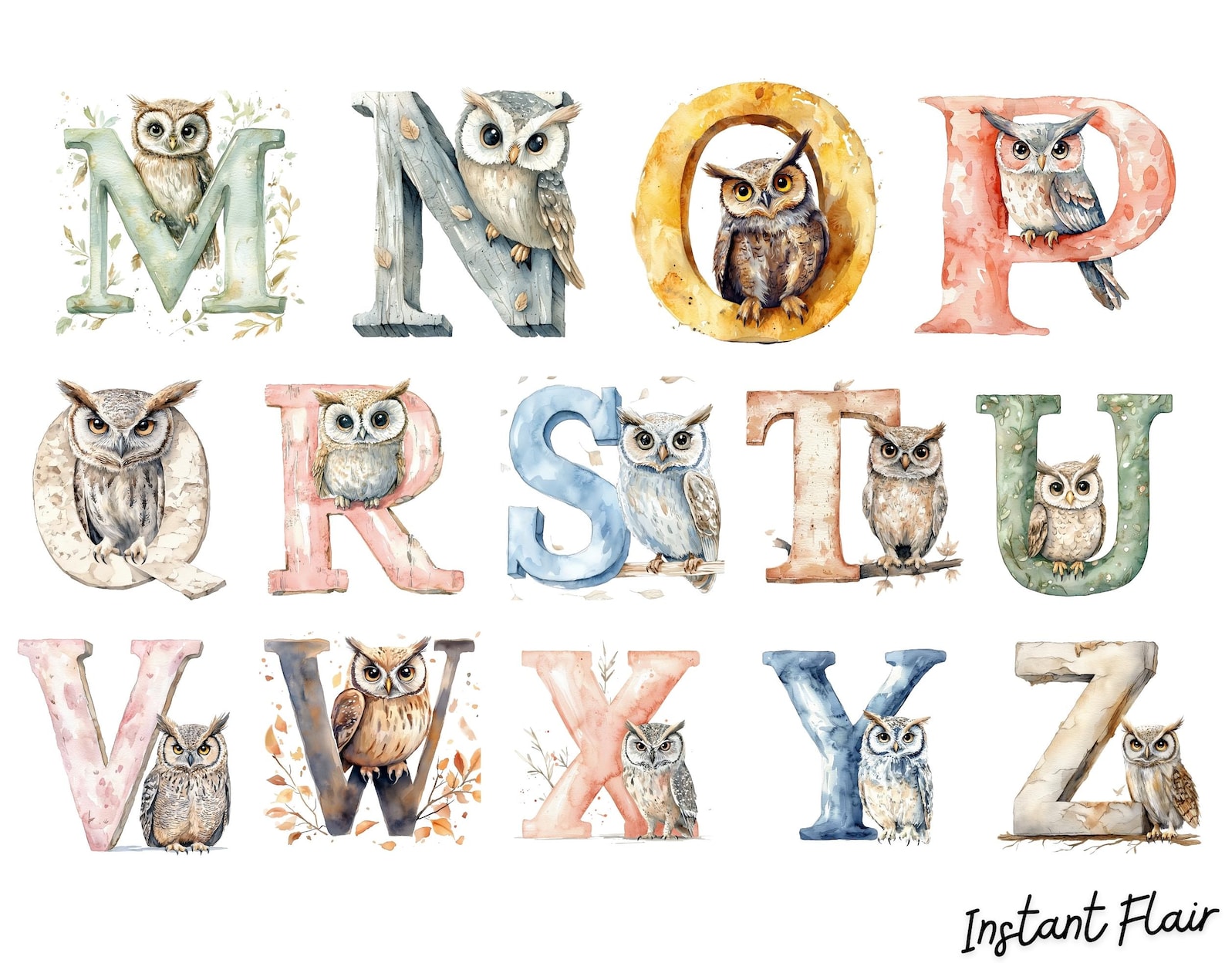 Owl Alphabet Clipart – A-Z Watercolor Letters (PNG Digital Download) - Etsy