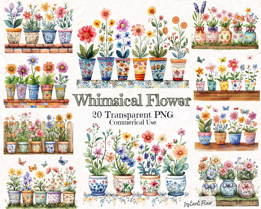 Whimsical Flower Clipart, Watercolor Floral Graphics (digital Download ...