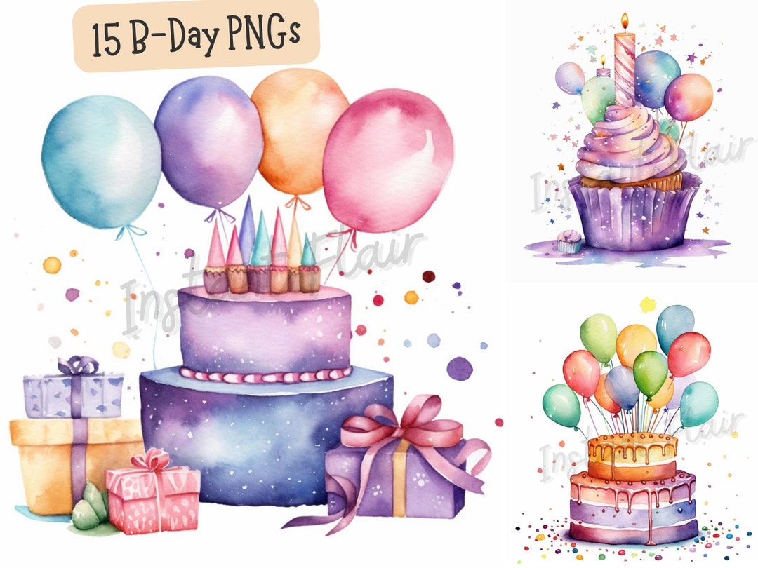 Birthday Clip Art Bundle 15 PNG Designs Watercolor Cute Artsy B-day ...