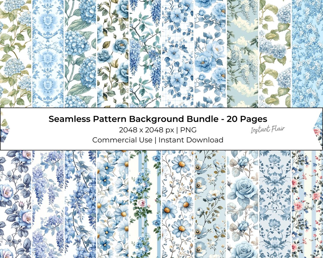 Blue Floral Digital Paper, Seamless Scrapbook Patterns (digital ...
