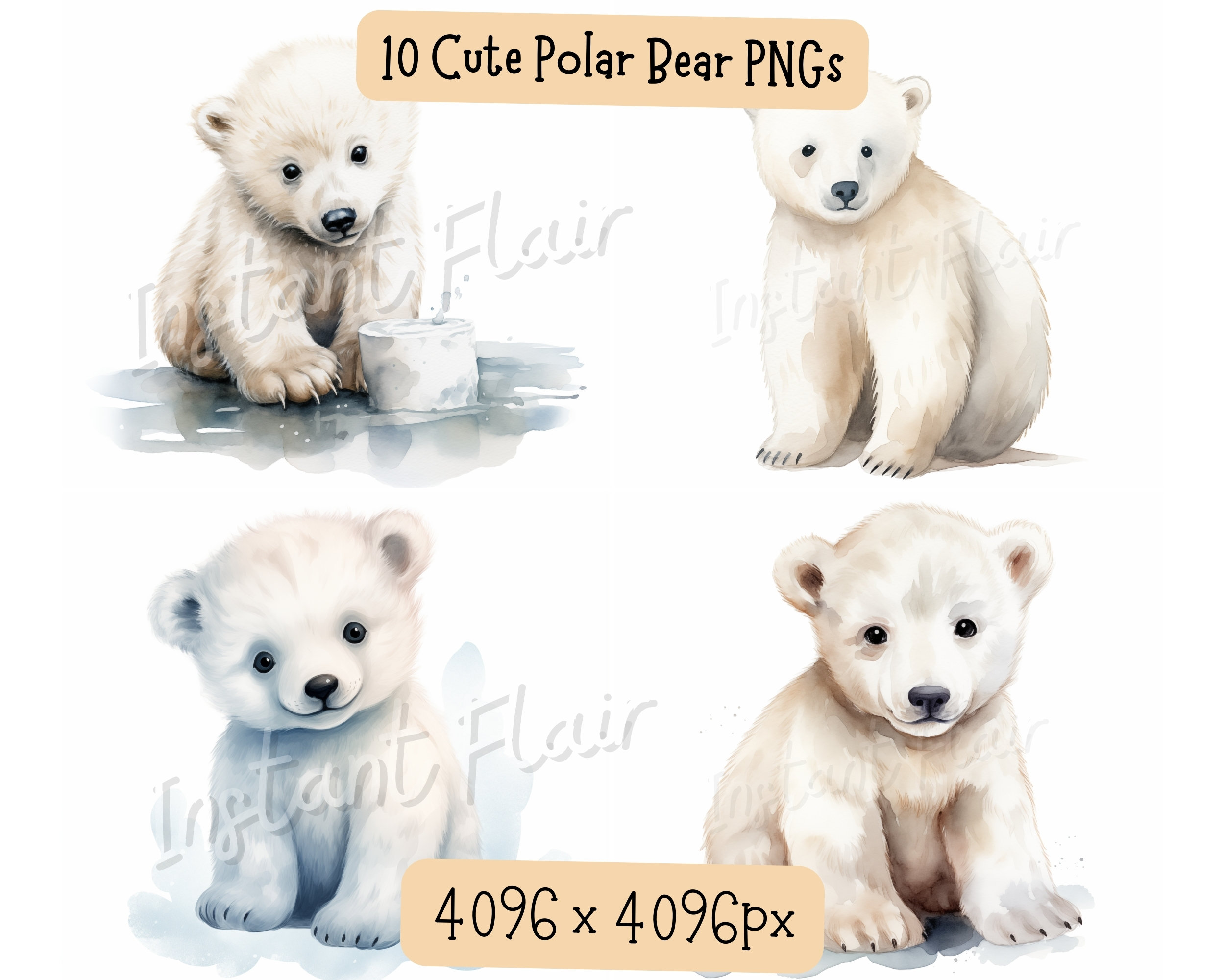 Cute Polar Bear Watercolor Clip Art Bundle, PNG Designs, Decorative ...