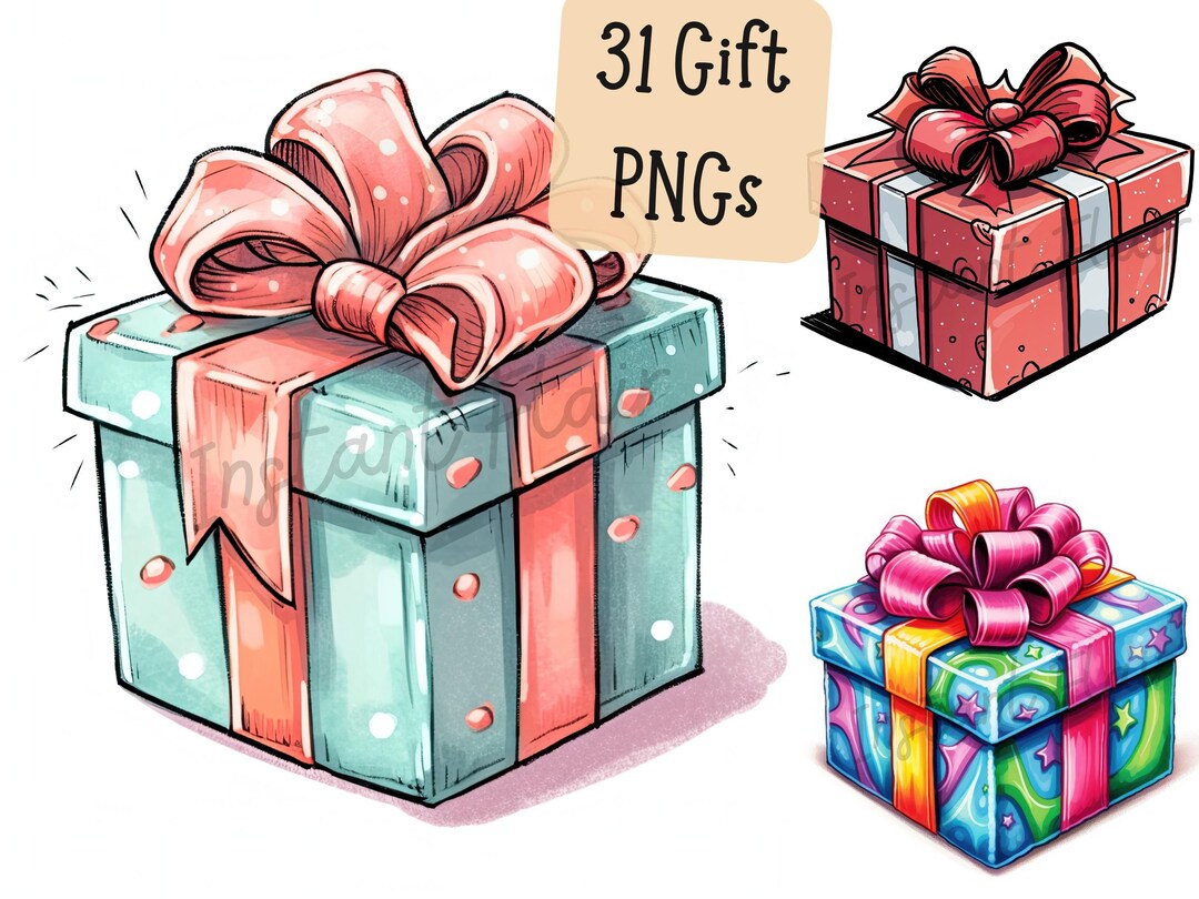 Gift Clip Art Bundle 31 PNG Designs Watercolor Cute Artsy Gift Boxes ...