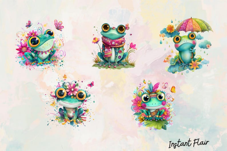 Whimsical Frog Clipart Bundle, Watercolor PNG Graphics (digital ...