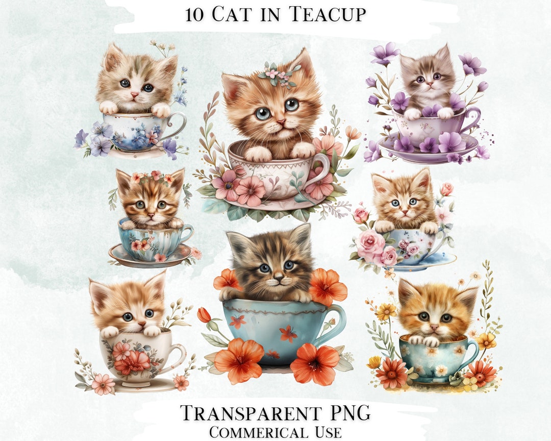 Watercolor Kitten in Teacup Clipart Bundle, 10 PNG Designs (digital ...