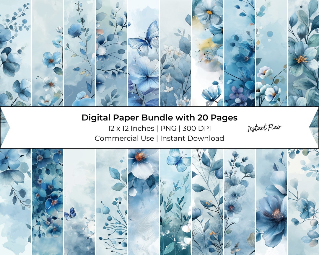 Blue Floral Watercolor Digital Paper: 20 Pages Collage Sheets and Junk ...