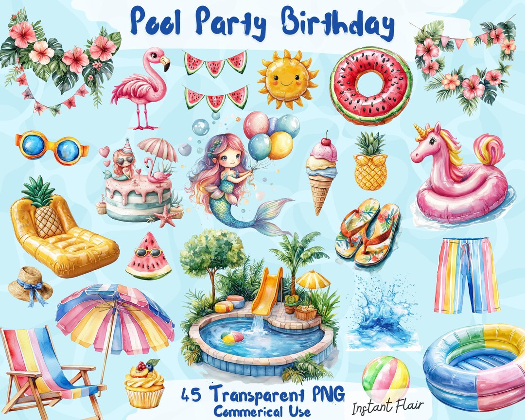 45 Pool Party Birthday Watercolor Clipart – Transparent PNG ...