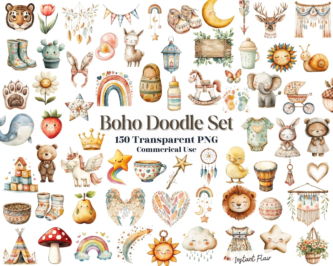 150 Boho Doodle Clipart – Transparent PNG – Commercial Use – Instant ...