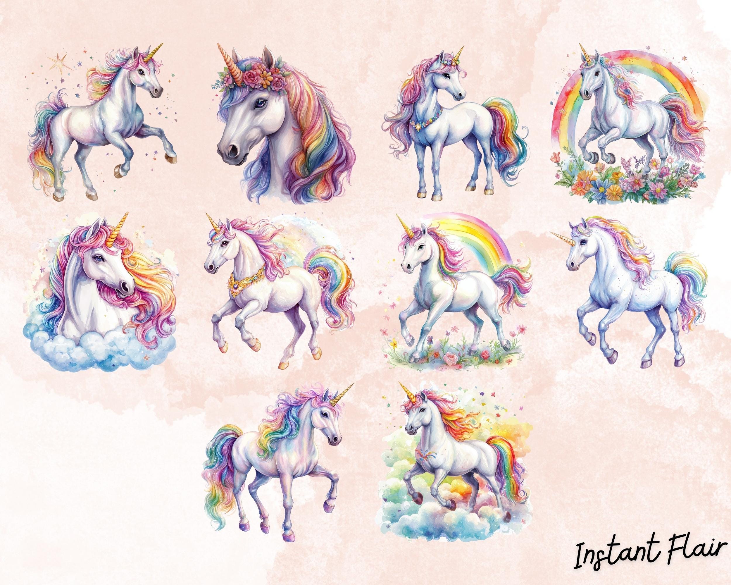 Rainbow Unicorn Watercolor Clipart – 30 PNG Graphics (digital Download ...