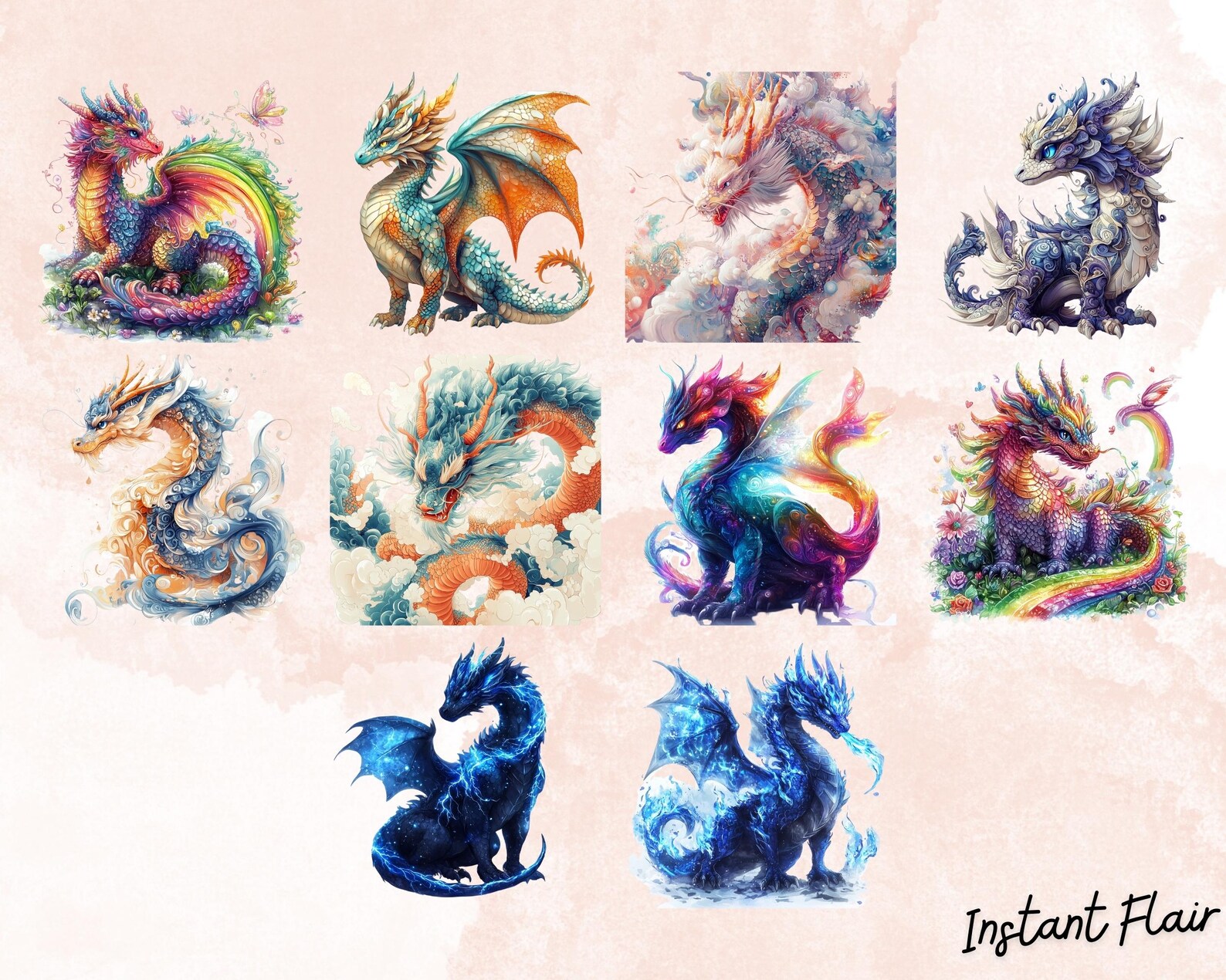 Watercolor Fantasy Dragon Clipart – Ethereal PNG Bundle (digital ...