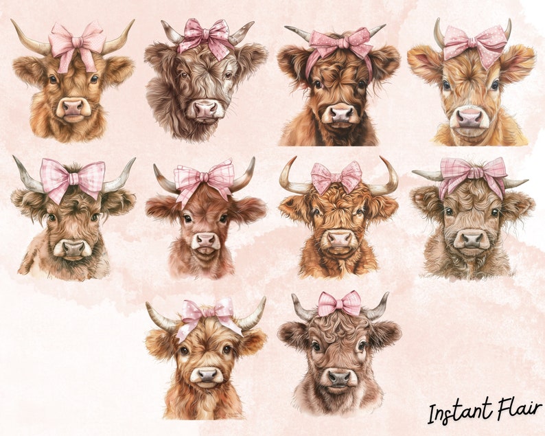 Highland Cow Pink Bow Watercolor Clipart Bundle (PNG) - Etsy