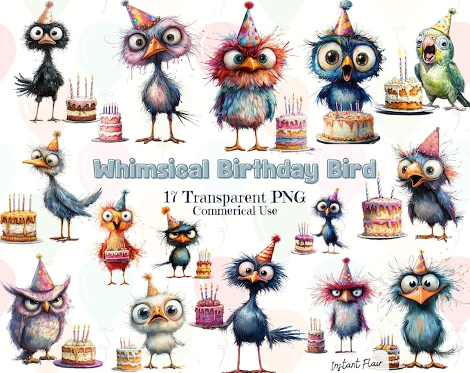 Funny Whimsical Bird Clipart Set: 18 PNG Files, Quirky Watercolor Birds ...