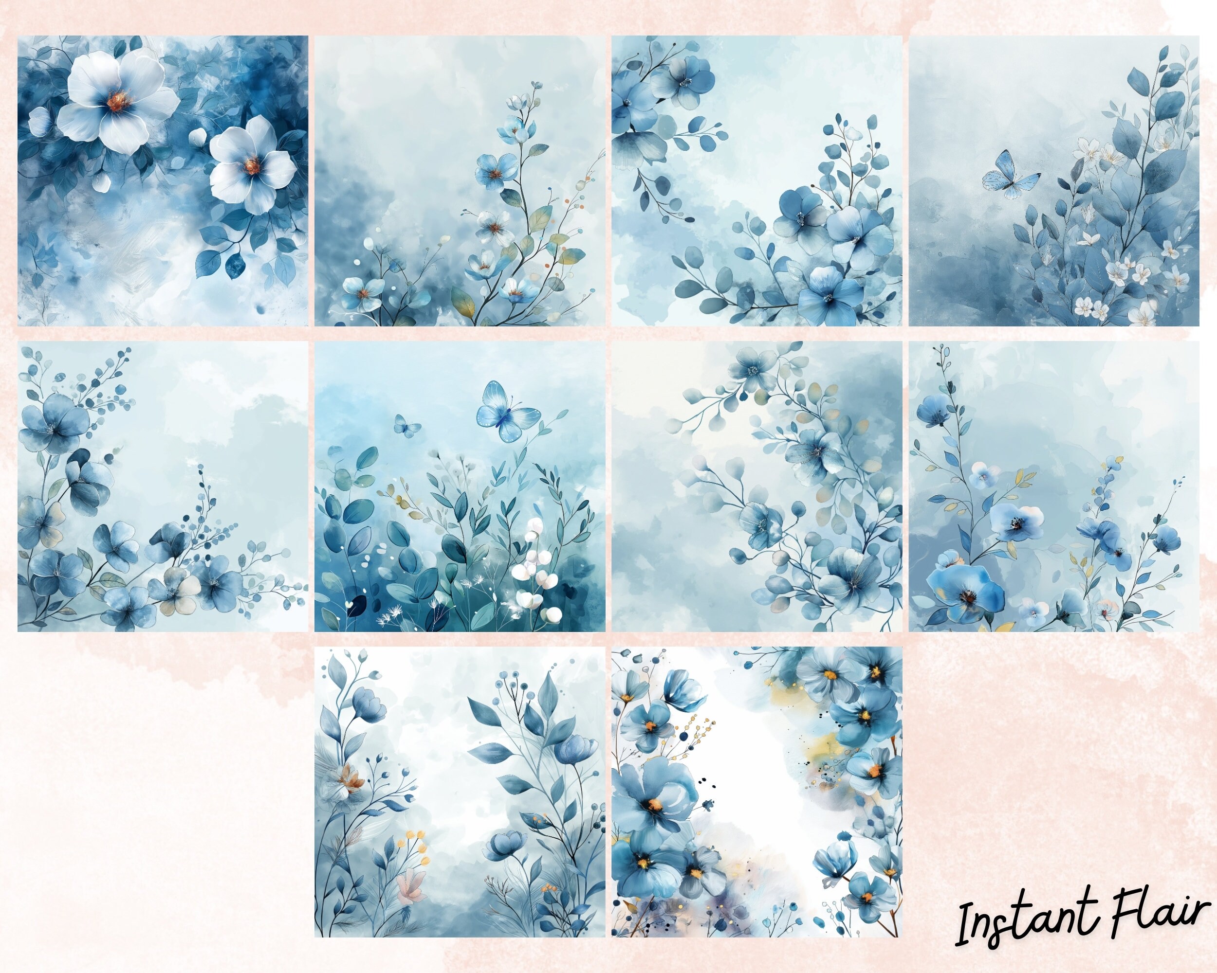 Blue Floral Watercolor Digital Paper: 20 Pages Collage Sheets and Junk ...